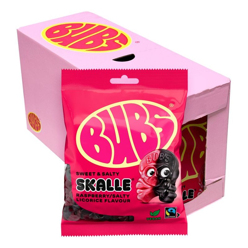 BUBS Raspberry Salty Licorice Skalle 16x90g | Storpakk - Billigmarkedet.no